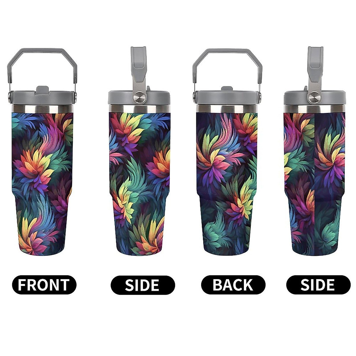 Colorful Flower Tumbler 30oz Large Capacity Car Cup with Handle Fit in Any Car Cup Holder Stainless Steel Leakproof Insulated Coffee Tumblers with Lid And Straw
