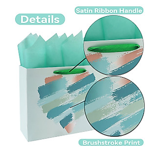 13" Large Mint Green and Peach Gift Bag Set with Greeting Card and Tissue Papers (Brushstroke Heart Design) for Celebrating Birthday Party, Mother's Day, Wedding, Anniversary, Bridal Shower - 13”x5.2”x10.2”, 1 Pcs.