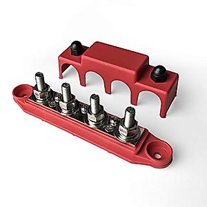 MGI SpeedWare 4-Post Power Distribution Block Busbar 5/16" Studs with Cover, 250 AMP Rating for Automotive, Marine, and Solar Wiring (Red)
