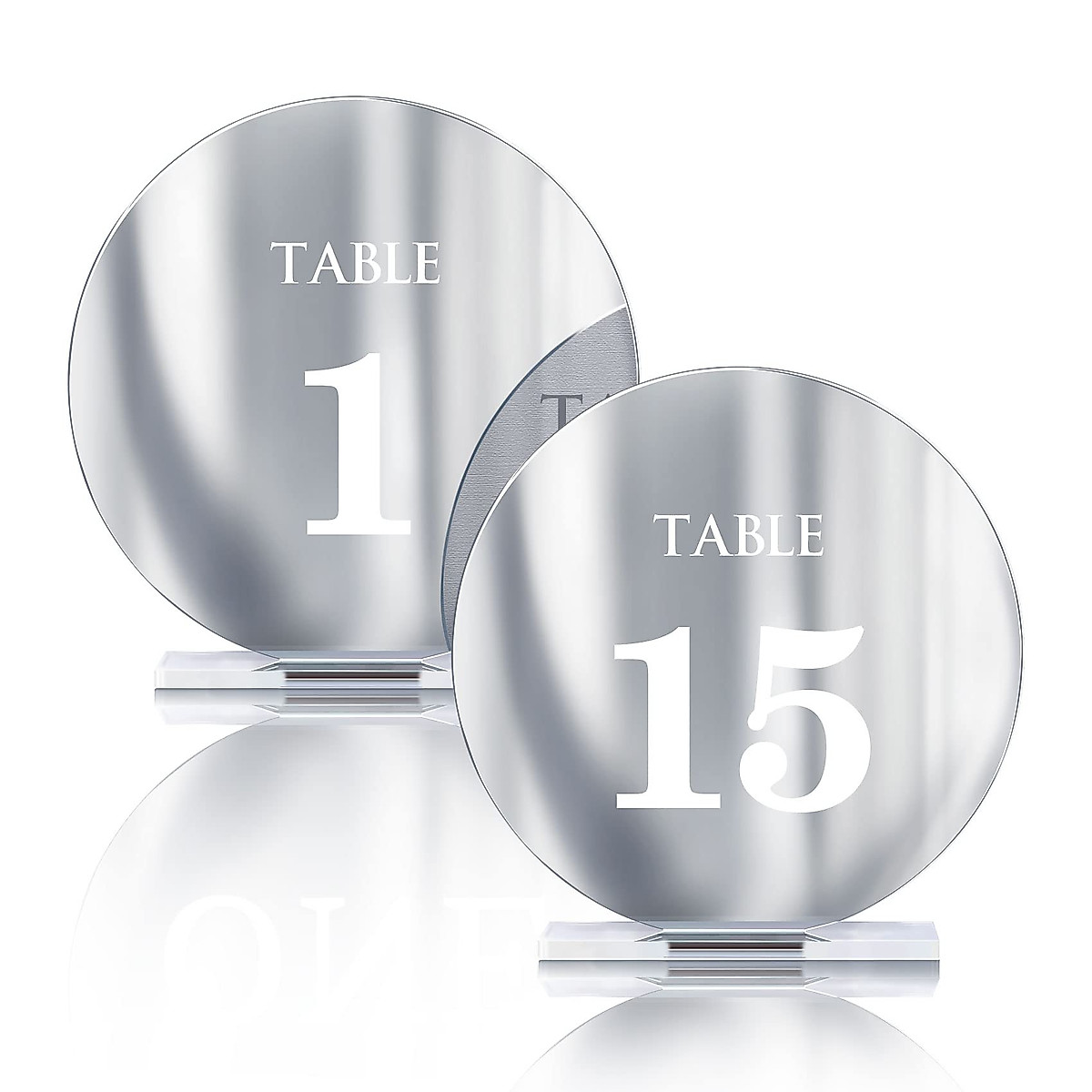 HZGUEOSTB Acrylic Wedding Table Numbers 1-15 with Stands,4.8"Round Mirror Silver Table Number Signs and Holders for Wedding Reception, Party, Event, Centerpiece Decoration(Silver, 1-15)