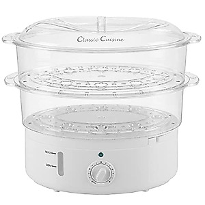 Classic Cuisine Food Steamer and Rice Cooker in one, Two-Tier Food Steamer for Healthy Meals anytime, cooks Vegetables, Fish, Dumplings, Eggs and more, 6.3 QT, Clear