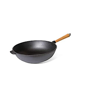 Kasian House Cast Iron Wok with Wooden Handle and Lid, Pre-Seasoned, 12" Diameter Chinese Wok with Flat Bottom, Heavy Duty Stir Fry Pan