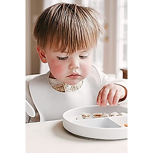 Ullabelle Suction 7 Pc Baby Feeding Set -BPA Free, 100% Food Grade Silicone- Microwave & Dishwasher Safe- 2 Silicone Bibs, 1 Suction Divided Toddler Plate, 1 Suction Bowl w/ Lid & 2 Spoons (Grey)