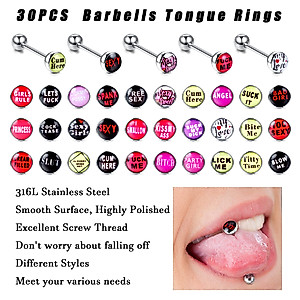 Drperfect 30pcs Fancy Words Pictures Logo Stainless Steel Straight Barbells Tongue Rings Bars Piercing Jewelry