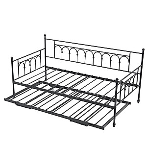 kuurfuurdo Twin Daybed with Trundle, Metal Daybed with Pop Up Trundle, Day Bed with Trundle Bed Twin, Steel Slat Support Sofa Bed for Kids Teens Adults Living Room, No Box Spring Needed