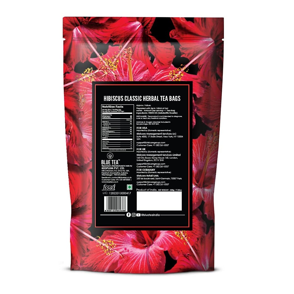 BLUE TEA - Hibiscus Classic Herbal Tea - 100 Plant Based Tea Bags || SKIN GLOW ENHANCING TEA || Caffeine Free - Flower Based - Vegan - Non-Bitter - Natural Ingredients | Zipper Pack