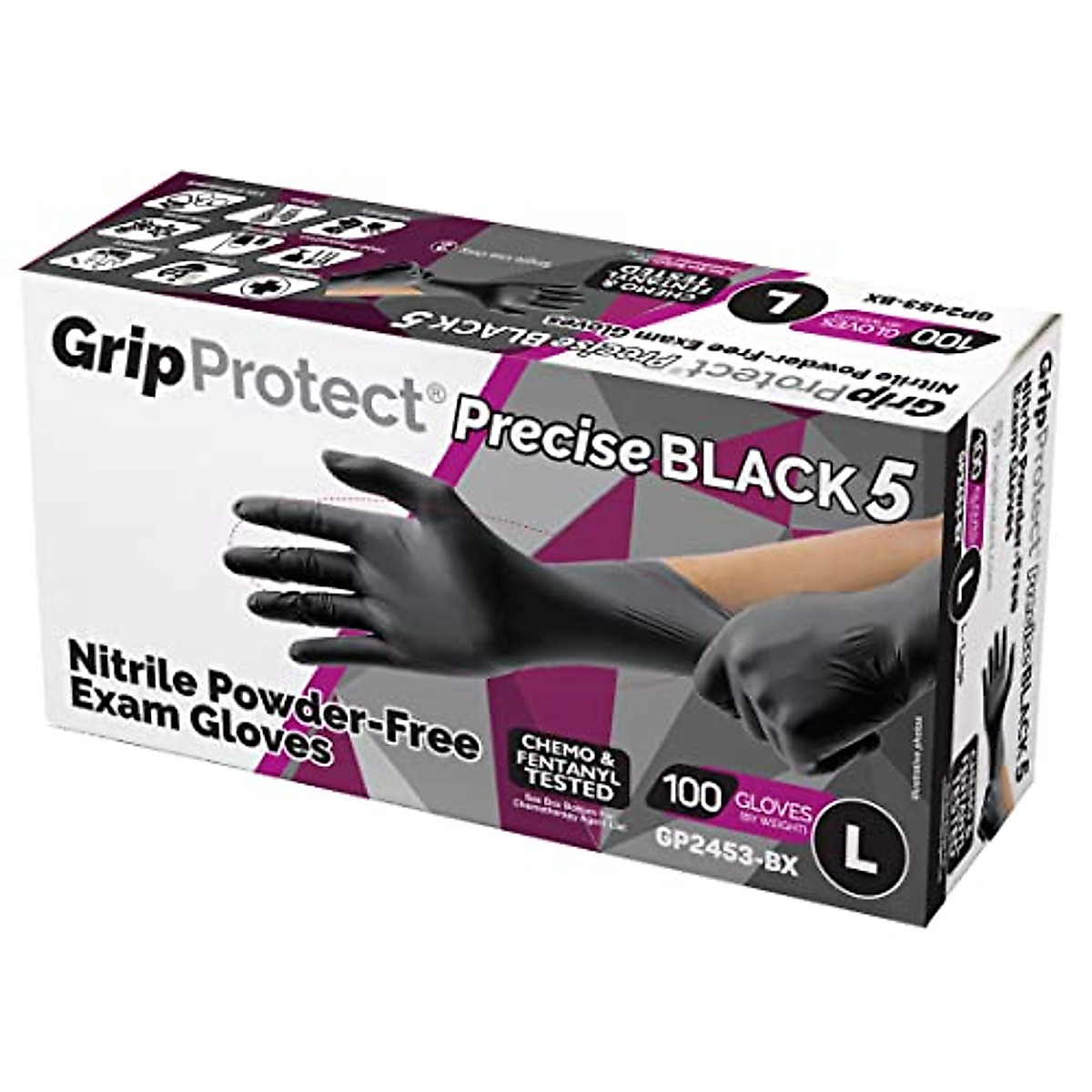 GripProtect Precise Black 5 Nitrile Exam Gloves | 5 Mil Thickness | Chemo-Rated | Medical, Law Enforcement, Tattoo, Dental, Janitorial, Food & Agriculture