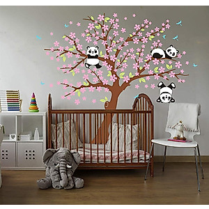 LUCKKYY Three Pandas Plying on Cherry Blossom Trees Branches Wall Decal Tree Wall Decal Tree Wall Sticker Nursery Bedroom Kid Baby Wall Decals Forest Mural Paper Nursery Vinyl Removable (Brownpink+)