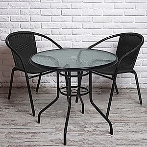 32" Patio Dining Table Round Bistro Table Outdoor Furniture Garden Table Patio Coffee with Tempered Glass Top Patio Glass Side Table for Backyard Lawn Balcony Pool, Black