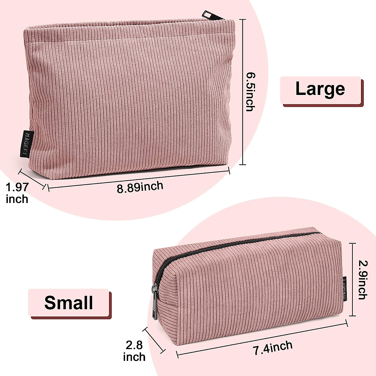 MAGEFY 2 Pcs Makeup Bags for Women, Corduroy Make up Bag for Purse Travel Makeup Bag Small Cosmetic Bags with Zipper Makeup Pouch for Travelling - Dusty Pink