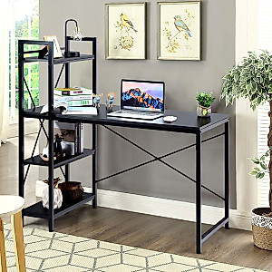 Tangkula Computer Desk with 4 Tier Shelves, Study Writing Table with Storage Bookshelves, Modern Compact Home Office Workstation, 47.5" Tower PC with Steel Frame & Adjustable Feet Pad