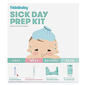 Frida Baby Sick Day Prep Kit - Includes NoseFrida Nasal Aspirator, MediFrida Pacifier Medicine Dispenser, Breathefrida Vapor Chest Rub + Snot Wipes. Soothe Stuffy Noses for Babies with A Cold