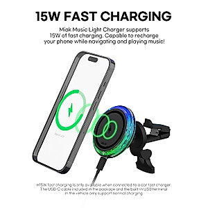 miak for Magsafe Car Mount Charger, Strong Magnet, Wireless 15W Fast Charging Music Reactive LED Car Stand