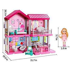 TEMI Villa Toys for 3 4 5 6 7 8 Years Old Girls - 2 Storeys 4 Rooms, Indoor Playset with 2 Dolls Toy Figures, Toys Furniture and Accessories, Pretend Girls Plays, Building Toys, Gifts Toy