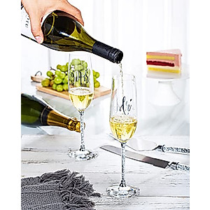 Wedding Cake Knife and Server Set, Crystal Champagne Flutes Glasses Engraved Mr & Mrs, Cake Cutting Set for Wedding, Bride and Groom Toasting Champagne Flutes, Anniversary Engagement Gifts for Couple