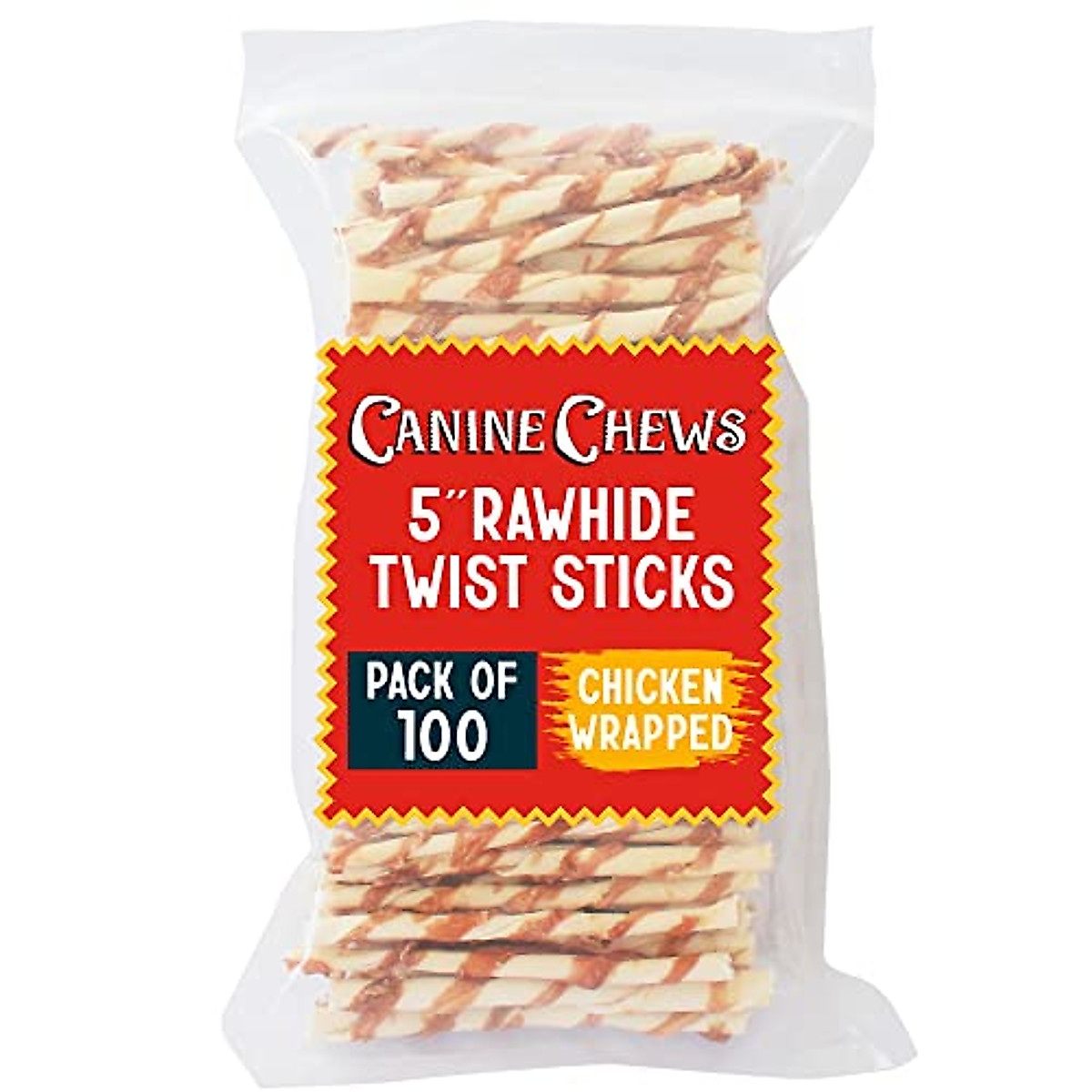 Canine Chews Chicken-Wrapped Rawhide Twists for Dogs - Pack of 100 U.S.A. Sourced Chicken Wrapped Rawhide Dog Treats, Sticks for Dogs - Premium & Natural Beefhide Chews