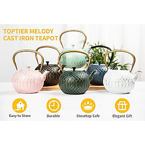 Tea Kettle, Toptier Japanese Cast Iron Tea Kettle for Stove Top, Stovetop Safe Teapot with Infusers for Loose Tea, 34 Ounce (1000 ml), Turquoise Melody