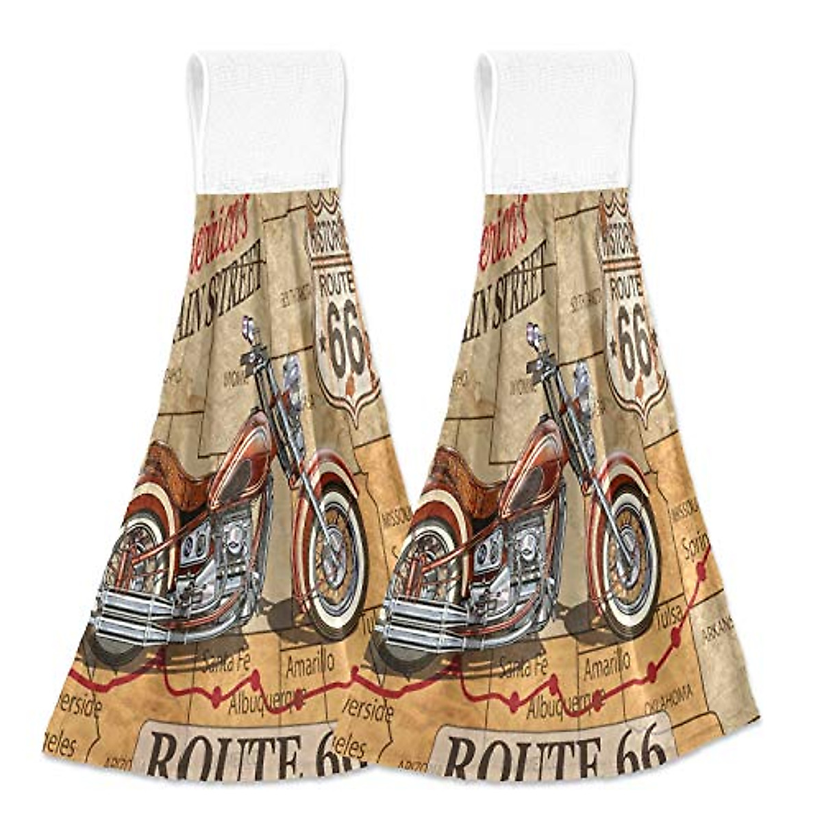 Alaza Vintage Route 66 Motorcycle Poster Hanging Kitchen Hand Towels with Loop Super Absorbent Hand Towels Machine Washable 2 Piece Sets
