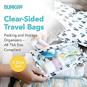 Bumkins Travel Bag, Toiletry, TSA Approved Pouch, Zip Bag, Quart Size Airline Compliant, Clear-Sided, Baby, Diaper Bag Organization, Makeup, Accessories, Packing, Set of 3 Sizes, Black Hearts