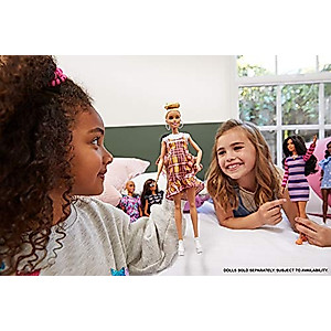 Barbie Fashionistas Doll #142 with Blonde Updo Hair Wearing Pink & Golden Plaid Dress, White Sneakers & Earrings, Toy for Kids 3 to 8 Years Old