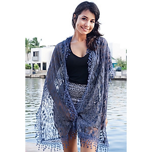 Cindy and Wendy Lightweight Soft Leaf Lace Fringes Scarf shawl for Women (Navy)