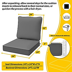AAAAAcessories Outdoor Deep Seat Cushions for Patio Furniture, Water-Resistant Replacement Patio Chair Cushions Set of2,24 x24 x 5 inch, Darker Gray