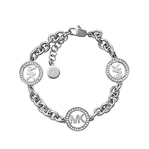 Michael Kors Stainless Steel and Pavé Crystal MK Logo Chain Bracelet for Women, Color: Silver (Model: MKJ4730040)