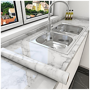 Yancorp 16"x120" White Gray Contact Paper Peel and Stick Wallpaper Marble Removable Wallpaper Pull and Stick Countertops Self-Adhesive Backsplash for Cabinets (16"x120")