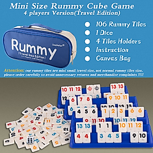 Doublefan Mini Rummy Set,Travel Size Rummy Game with Portable Bag, Mini Rummy Cube Game for Adult and Kids,106 Tiles, 4 Playing Rack, 1 Dice (2-4 Players)
