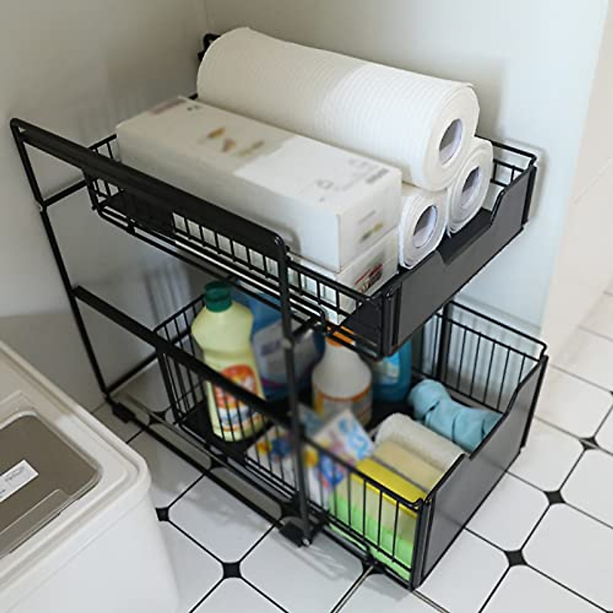 LIFOND Under Sink Storage Under Sink Organizers and Storage, 2 Tier Sliding Cabinet Basket Organizer Drawer, for Kitchen Bathroom Office Countertop Stackable Storage Basket White-Small, White S