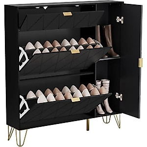 UEV Shoes Storage Cabinet with 3 Flip Drawers & Boot Rack,Freestanding Modern Shoes Organizer with Metal Legs, Black Entryway Shoe Rack Cabinet for Heels,Slippers