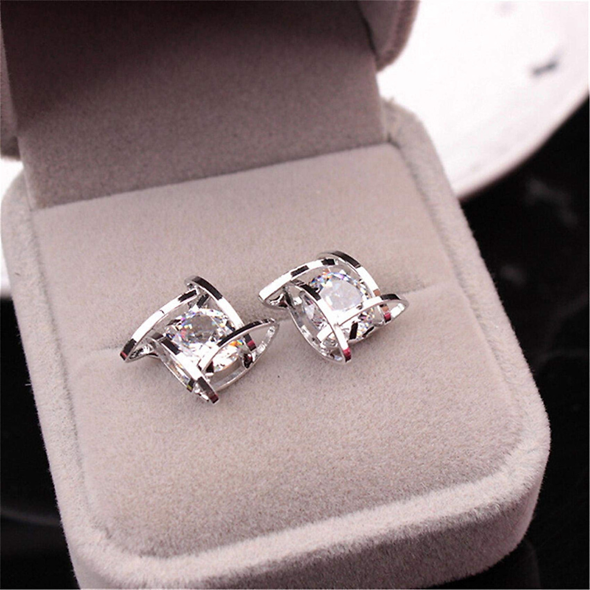 Guoshang Women Geometric Cube Crystal Earrings Rhinestone Ear Studs Gold Silver 2 Colors,Silver,1 Pair