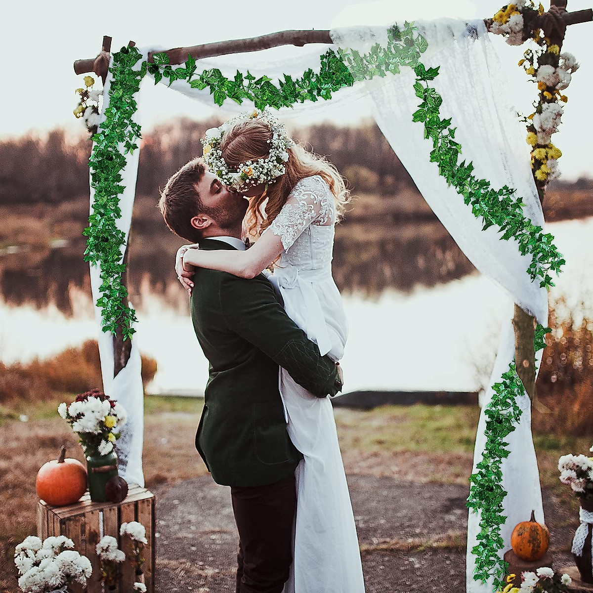 kovdim Artificial Ivy Vines Leaves 12 Strands (84 Ft), Ivy Garland Fake Vines Plants Hanging for Bedoom Room Wall Weeding Party Decor, Green