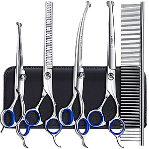 Gimars 6 in 1 Professional 4CR Stainless Steel Grooming Scissors for Dogs with Safety Round Tip, Heavy Duty Titanium Coated Pet Grooming Scissor for Dogs, Cats and Other Animals