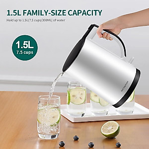 Hot Water Kettle Electric, 1.5 Liter 1000W Instant Kettle for Fast Boil Hot Water with Stainless Steel Double Wall White Electric Water Kettle