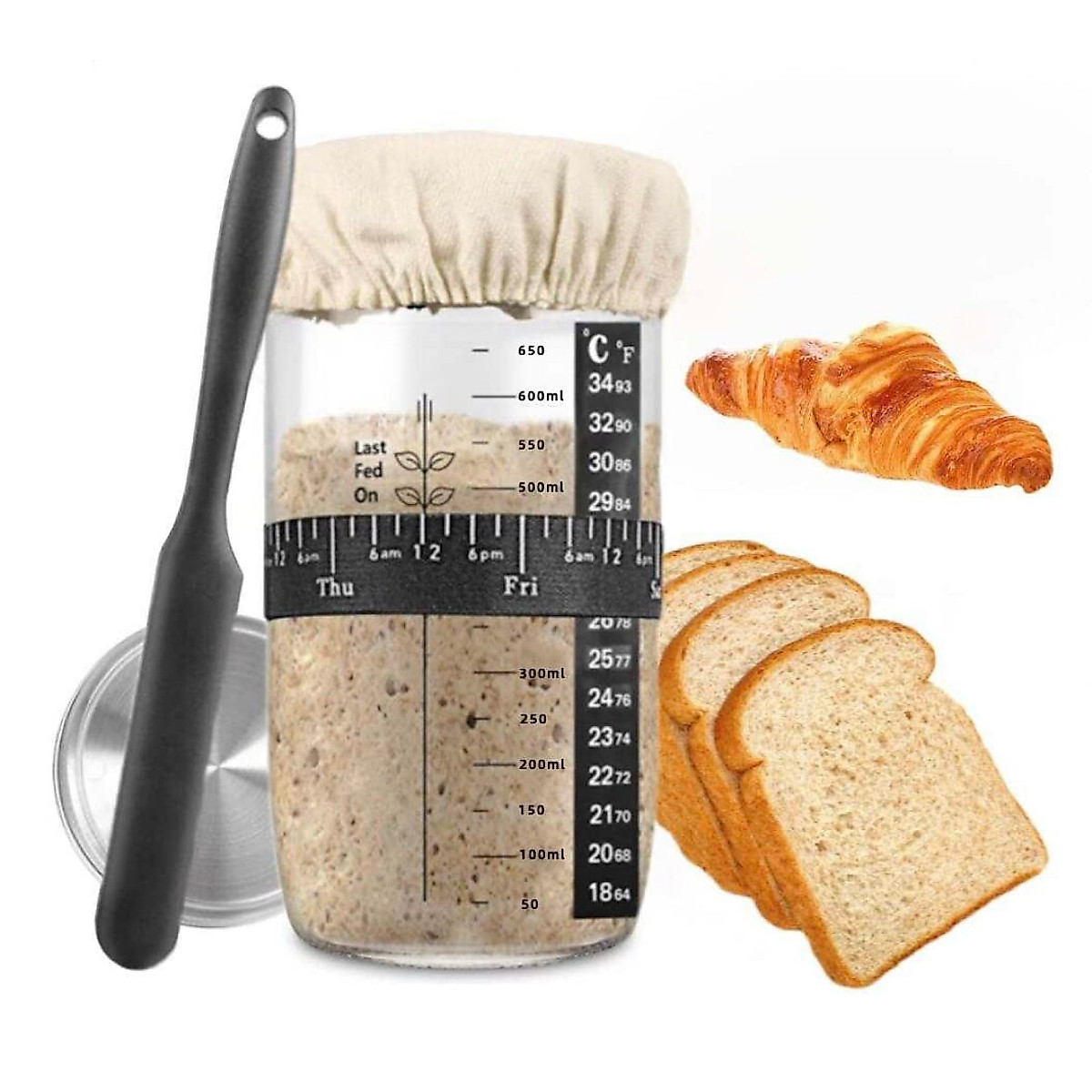 Sourdough Starter Jar, Home Brewing Kit with Thermometer, Spatula, Cloth Cover and Metal Cap, 24 oz Container, Reusable and Long Lasting