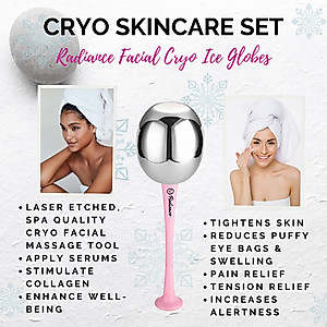 RADIANCE Ice Globes for Facials Skin Care - Cryo Globes, Non Shatter, Face Cooling Cold Stainless Steel, Cryo Freeze Tool Roller for Depuffing Eyes, Face Massage with a Storage Case & Polish Cloth