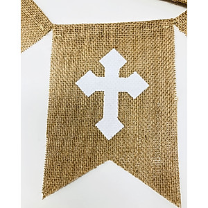 Shimmer Anna Shine Burlap God Bless Banner for Baby Girl Boy Baptism Decorations Christening First Communion Confirmation Baby Shower Wedding Birthday Party Photo Props (White Print)