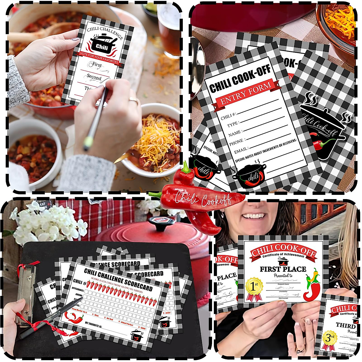 Chili Cook Off Contest Party Kit,Chili Cook off Banner,Chili Contest Entry Forms,Pot Numbers,Chili Tasting Score Cards,Chili Competition Voting Cards,Certificate of Commendation