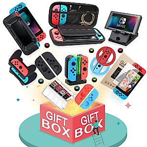 Switch Accessories Bundle, Kit with Carrying Case, Protective Case with Screen Protector, Compact Playstand,Game Case, Joystick Cap, Charging Dock, Grip and Steering Wheel for Nintendo Switch(20-in-1)