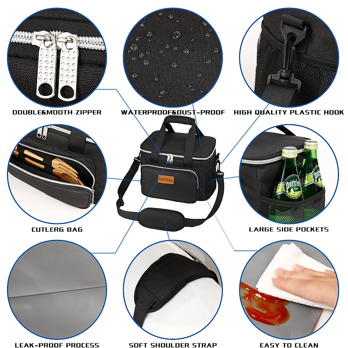 GENFEEL Insulated Lunch Bags Men/Women With 4 IcePacks,Men Lunch Bag With Ice Pack,Built In Ice Pack Men Lunch Bog With Adjustable Shoulder Strap, Men Lunch Bags for Office School Work Camping