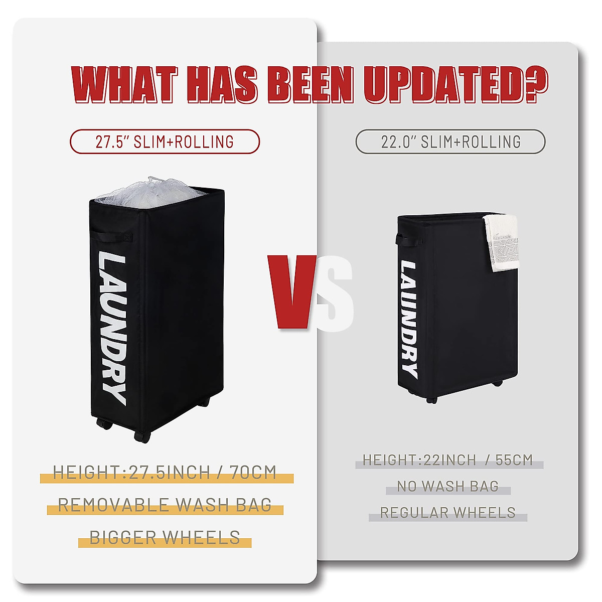 Caroeas Laundry Basket Slim Plus 27.5”,Black Laundry Basket with Wheels, Laundry Hamper with Removable Wash Bag Waterproof Clothes hamper Fabric baskets for laundry