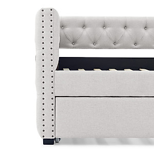 DNYN Upholstered Full Size Daybed with Trundle, Extendable Bedframe w/Put Out Bed Design & Button & Copper Nail,No Box Spring Needed,for Small Space, Beige