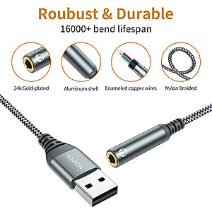 USB to 3.5mm Audio Jack Adapter, External Sound Card Converter Compatible with Headset, PC, Laptop, Mac, Desktops, Linux, PS4 and More Devices (Grey)
