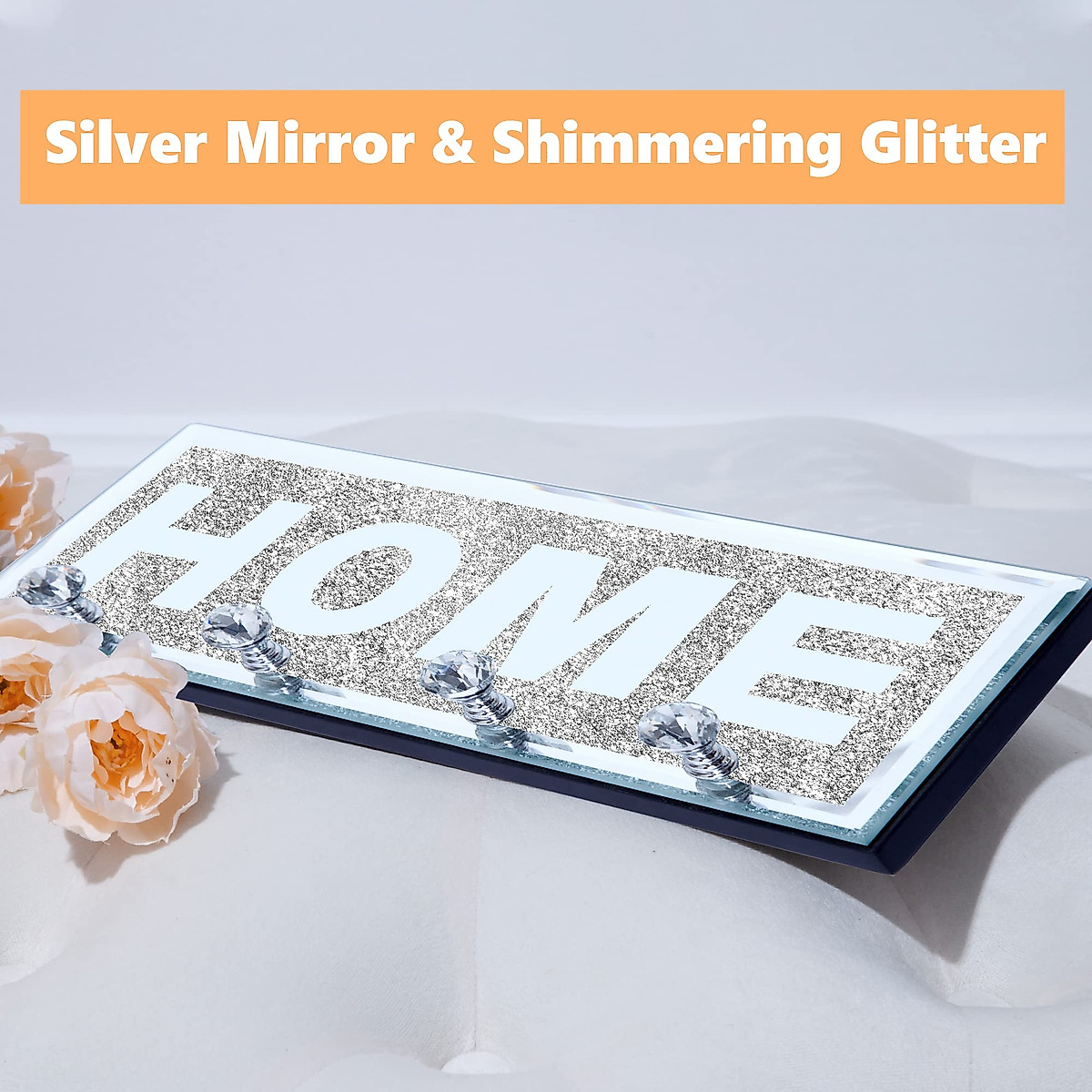 SHYFOY Crystal Clear Hooks Key Holder Key Hanger, Sparkly Mirrored Home Letters Plaque Sign for Wall Decor, Silver Mirror Decoration Wall Art, Wall Mounted Home Decor