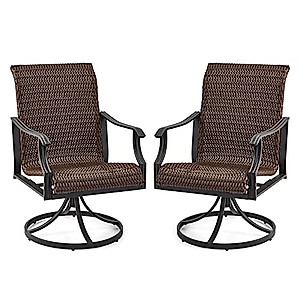 EROMMY Patio Wicker Swivel Chair Set of 2, Heavy Duty Outdoor Dining Chair with 23.5'' High Back, Extra-Large Water-Fall Seat, Rattan Porch Chair Gentle Rocker for Outside, Garden, Backyard, 2 PCS