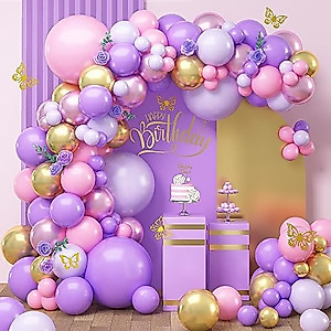 Purple and Pink Balloon Arch Kit, Pink Purple Gold Balloons Garland Kit with Butterfly Sticker for Purple Theme Birthday Party Bridal Wedding Decorations Baby Shower for Girl Women