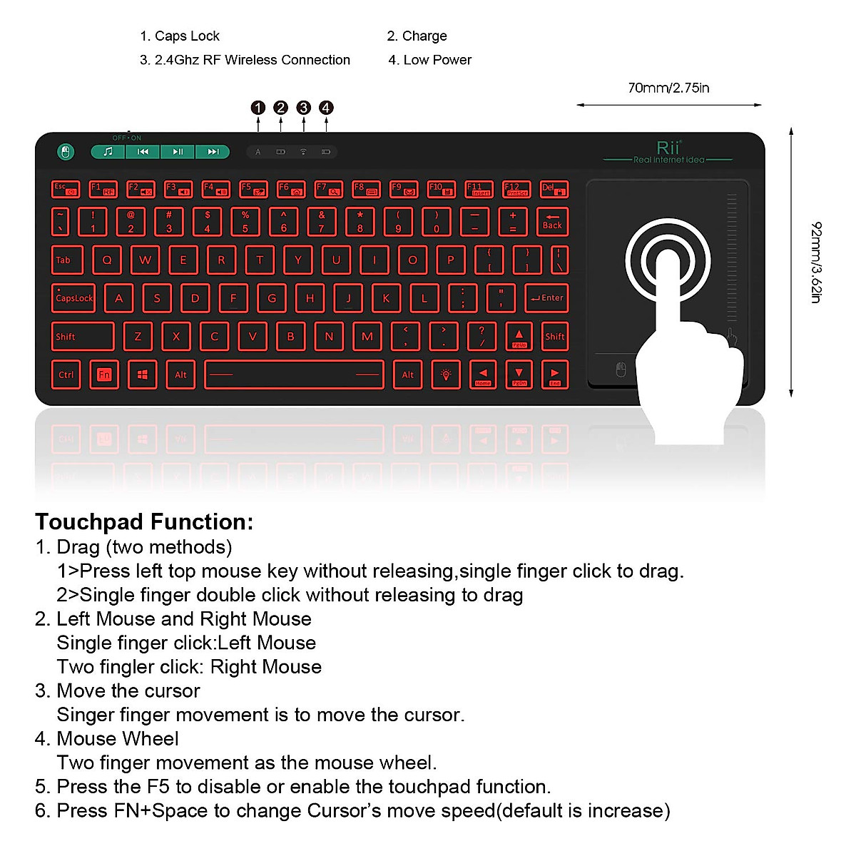 Rii K18 Plus Wireless 3-LED Color Backlit Multimedia Keyboard with Multi-Touch Big Size Trackpad,Rechargable Keyboard for Android TV Box,PC,Smart TV,Xbox,Raspberry Pi, HTPC IPTV,Windows, MacOS (2.4G)