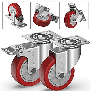 GBL 4" Heavy Duty Caster Wheels with 2 Brakes + Bolts and Nuts - up to 1320Lbs - Set of 4 No Floor Marks Silent Castor for Furniture - Trolley Pallet Swivel Wheels - Silver Casters