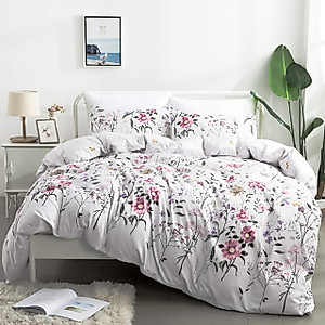Carisder Full/Queen Duvet Cover Set Floral Soft White Comforter Cover Set 3 Pieces Bedding Sets (Floral Queen)